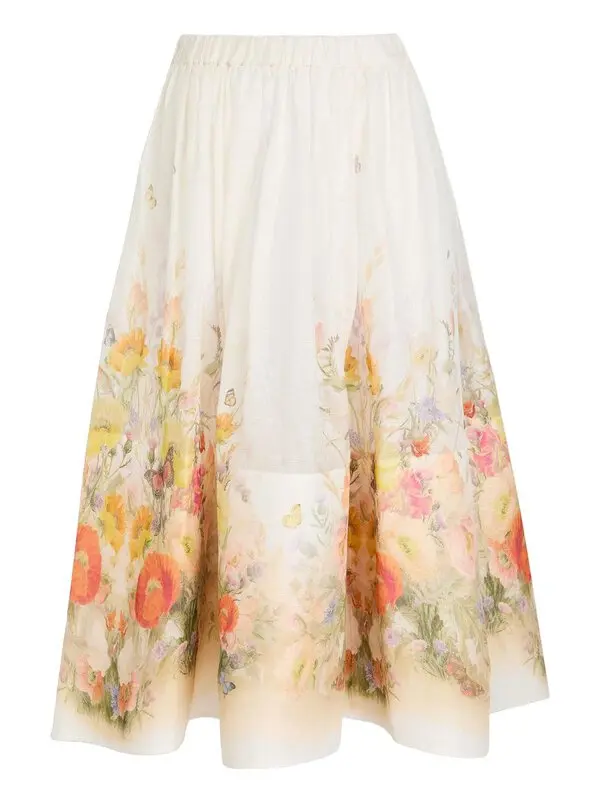 Zimmermann Floral-print Linen And Silk-blend Midi Skirt - Off-white