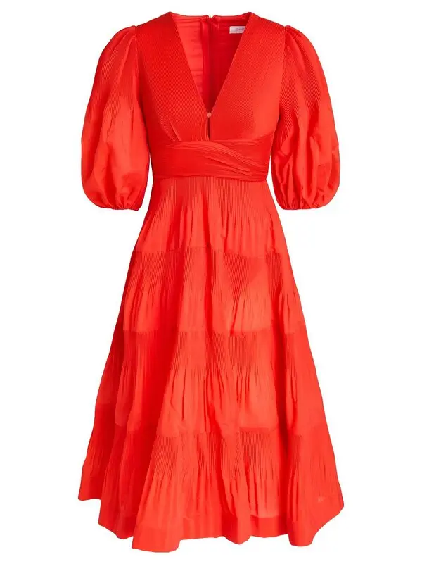 Zimmermann Tiered Printed Plissé-organza Midi Dress - Tomato Red