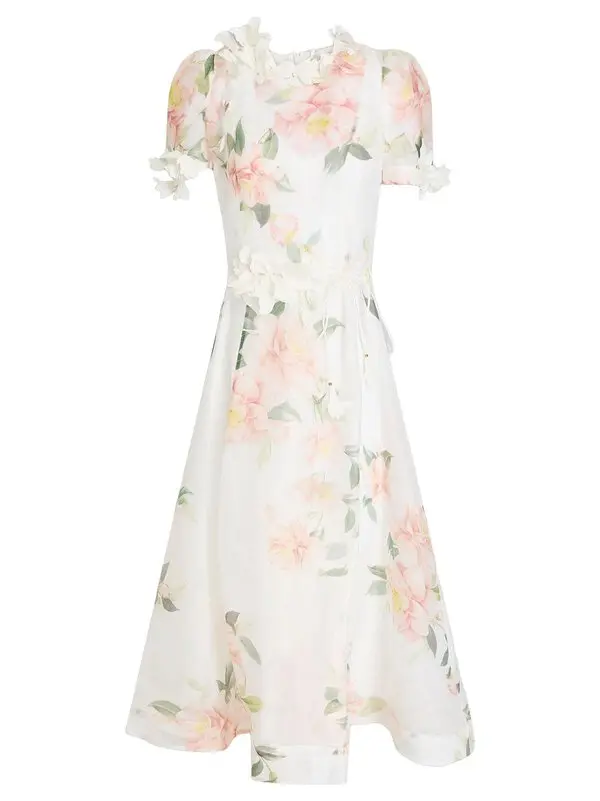 Zimmermann Appliquéd Floral-print Linen And Silk-blend Organza Midi Dress - Ivory