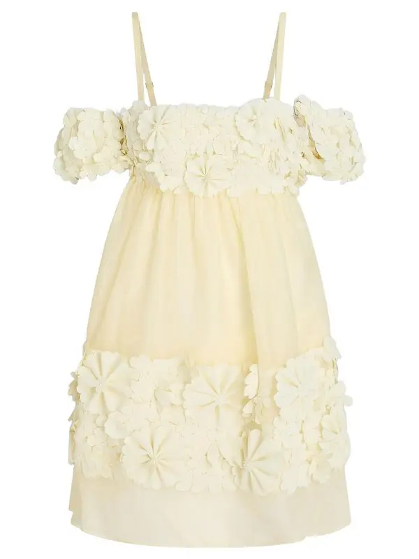 Zimmermann Cold-shoulder Floral-appliquéd Linen And Silk-blend Mini Dress - Pastel Yellow