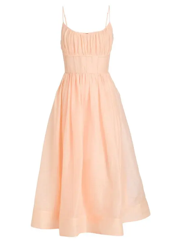 Zimmermann Gathered Linen And Silk-blend Midi Dress - Pastel Orange