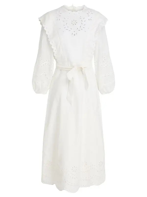 Zimmermann Broderie Anglaise-trimmed Linen Midi Dress - Off-white