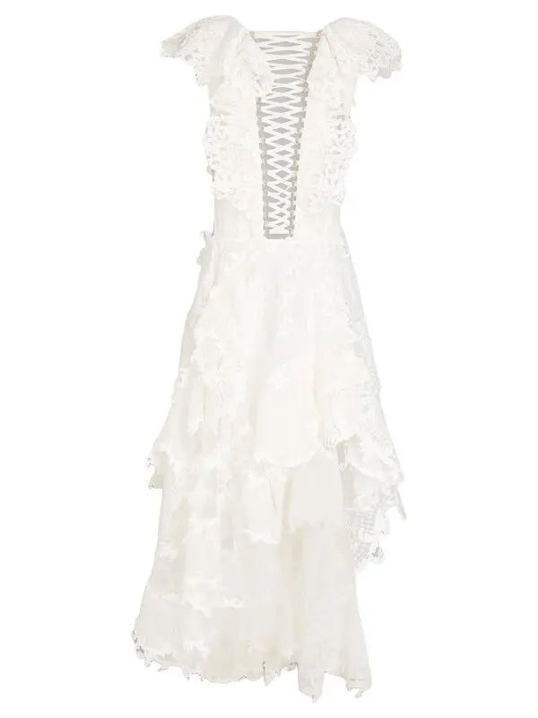 Zimmermann Linen And Silk-blend Dress With Guipure Lace And Tulle - Ivory