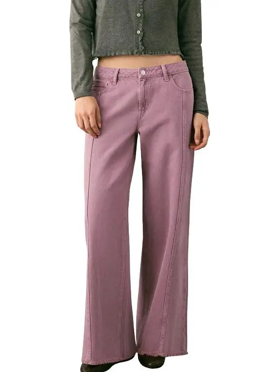 Mango Frayed Seamed Low Rise Wide Leg Jeans - Pink