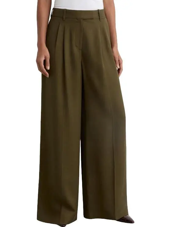 REISS Pleat Front Wide Leg Pants - Khaki Green