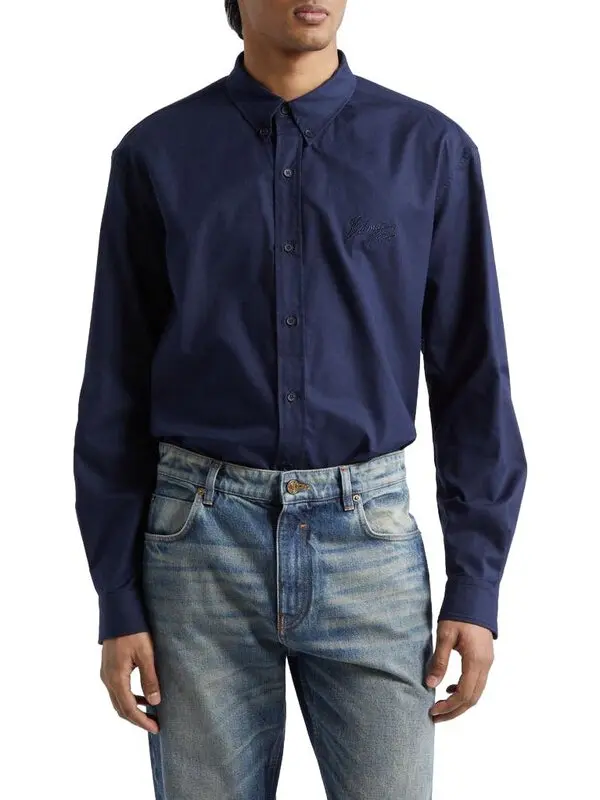 Balmain Monogram Embroidery Cotton Button-down Shirt - Marine