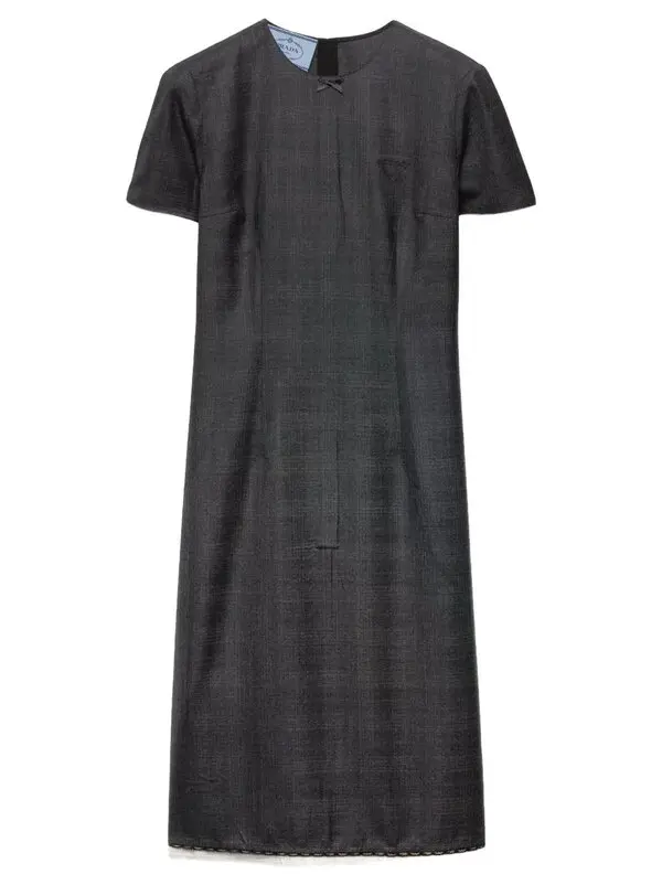 Prada Checked Wool Sheath Dress With Lace Trim - Grey