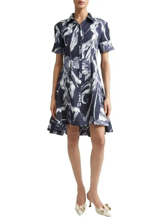 Erdem Tulip Print Pleated Faille Shirtdress - Botanical Engraving Midnight