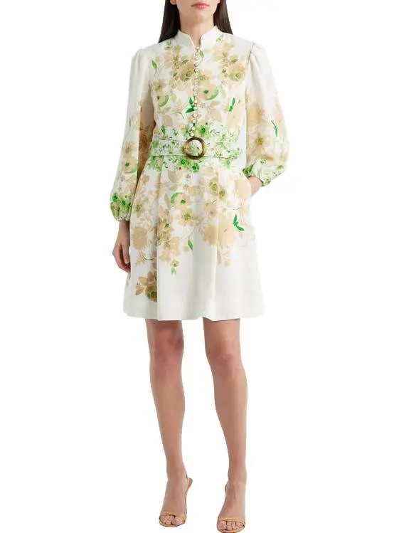 TAHARI ASL Border Print Belted Long Sleeve Dress - Ivory Fern
