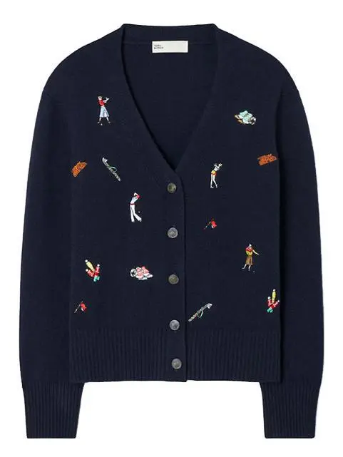 Tory Burch Embroidered Golf Cardigan - Medium Navy