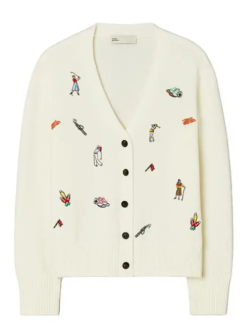 Tory Burch Embroidered Golf Cardigan - New Ivory