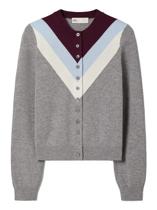 Tory Burch Chevron Wool-cashmere Cardigan - Light Gray