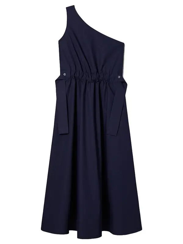 Tory Burch One-shoulder Belted Cotton Dress - Medium Navy