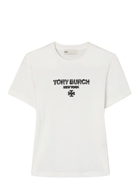 Tory Burch Embroidered Cotton T-shirt - Snow White/black
