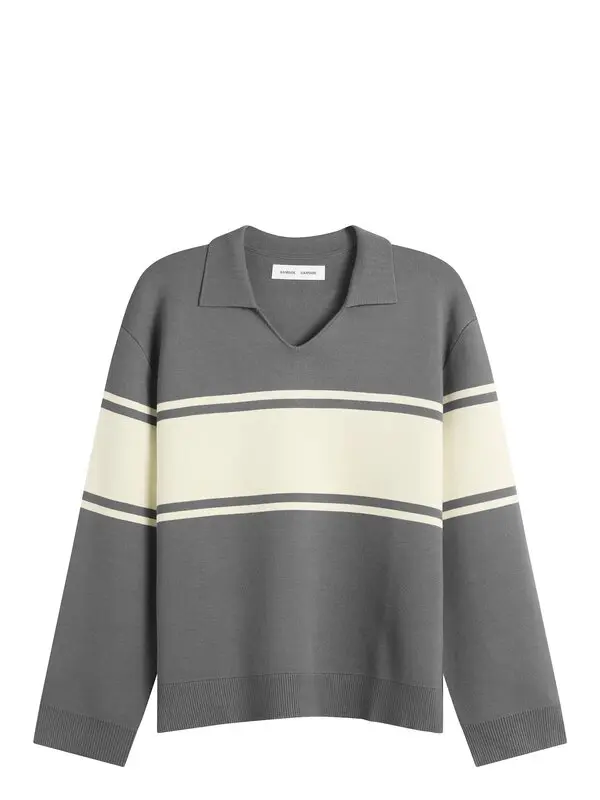 SAMSØE SAMSØE Saanne Long Sleeve Polo Top - Gunmetal Wide Stripe