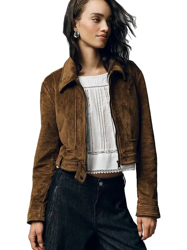 PILCRO Rumi Shrunken Stretch Faux Suede Moto Jacket - Brown
