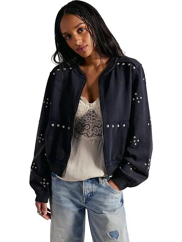 Free People Studded Zip-up - Black