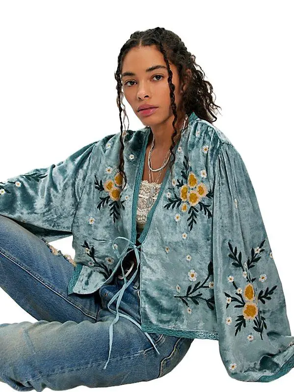 DENIM AND BONE Embroidered Velvet Bed Jacket - Blue