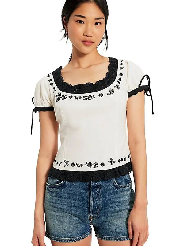 Free People Embroidered Blouse With Bow Details - Ivory Combo