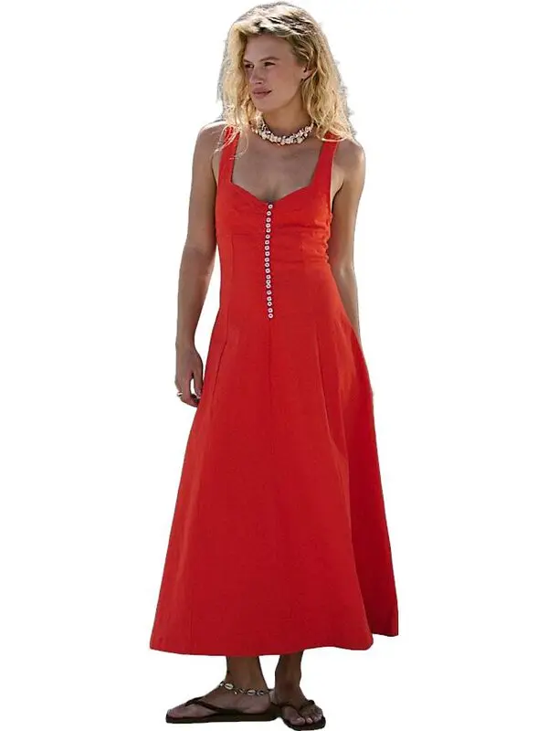 Free People Holland Stretch Linen Midi Dress - Cherry Tomato