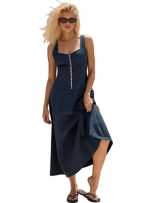 Free People Holland Stretch Linen Midi Dress - Poseidon