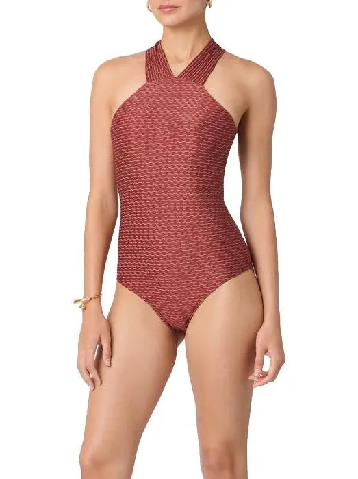 Shoshanna Wave Texture High Neck One Piece - Cinnamon/gold