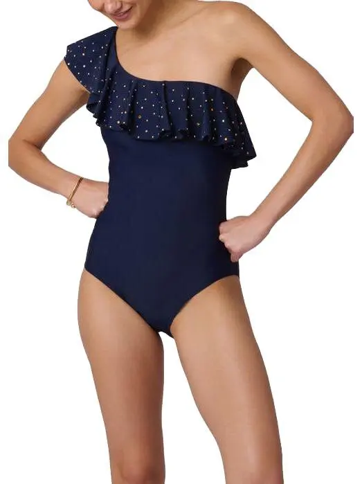 Shoshanna Embellished One Shoulder Ruffle One Piece - Navy