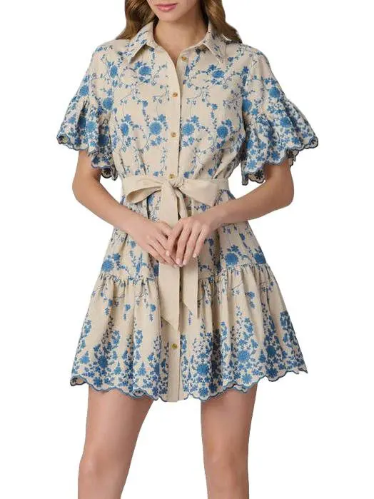 Shoshanna Lima Serra Embroidered Shirtdress - Flax/powder Blue