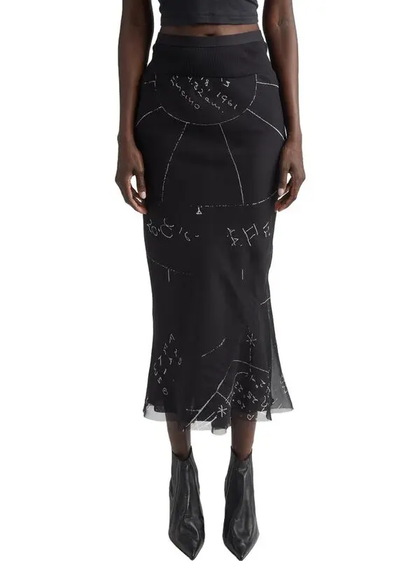 Rick Owens Printed Bias Cut Silk Skirt - Black/milk