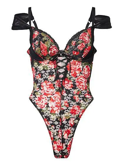 SAVAGE X FENTY Printed Lace Teddy - Blk Caviar Ros Passi Prt