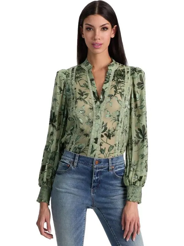 Alice + Olivia Silk Satin Burnout Blouse - Floral