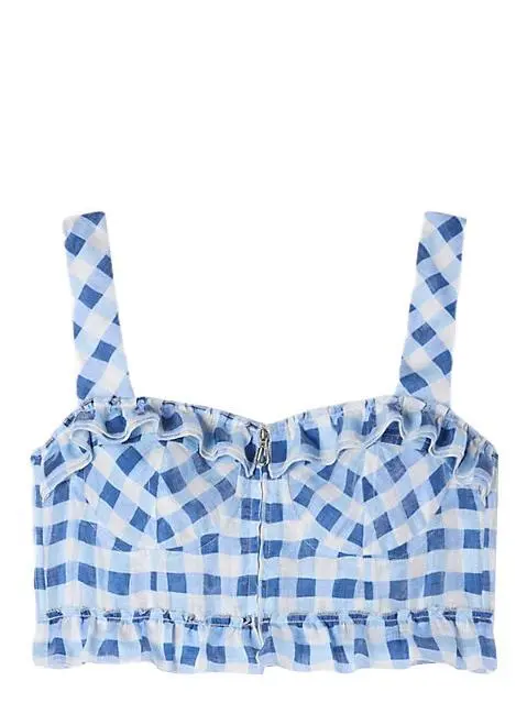 Sandro Checked Cropped Linen-blend Top - Blu / White