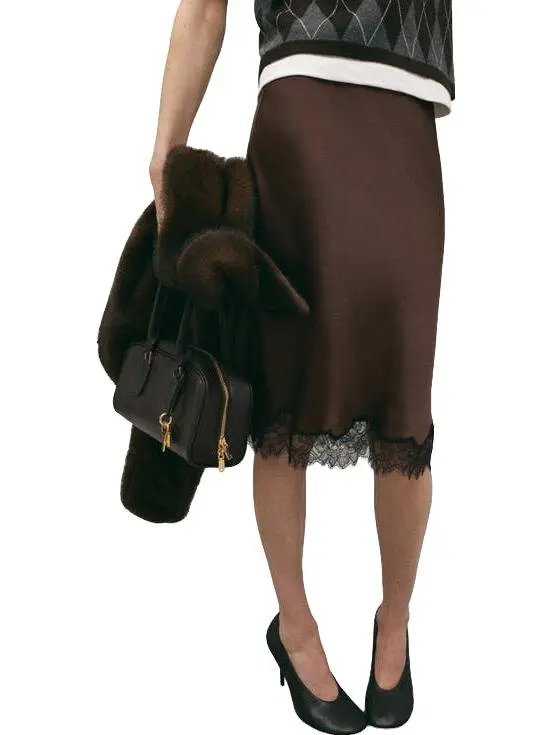 Mango Lace Trim Satin Midi Skirt - Brown