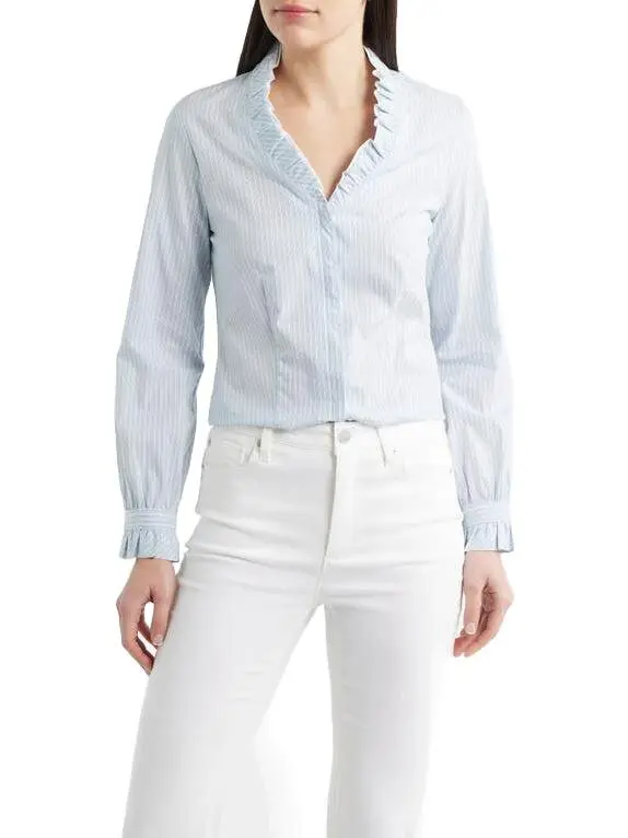 Anne Klein Ruffle-trimmed Striped Cotton Shirt - Blue Wash Multi