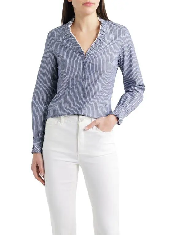 Anne Klein Ruffle-trimmed Striped Cotton Shirt - Distant Mntn Multi