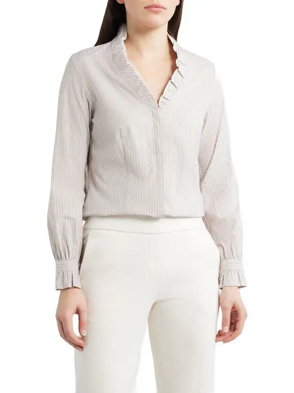 Anne Klein Ruffle-trimmed Striped Cotton Shirt - Light Porcini Multi