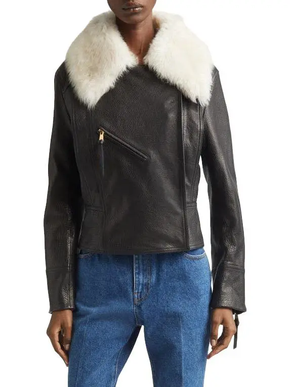 Balmain Shearling Collar Leather Biker Jacket - Ecru/jet Black/natural
