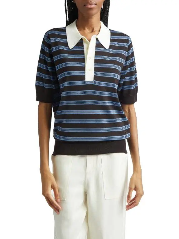WALES BONNER Stripe Polo Sweater - Dark Brown/blue/ivory