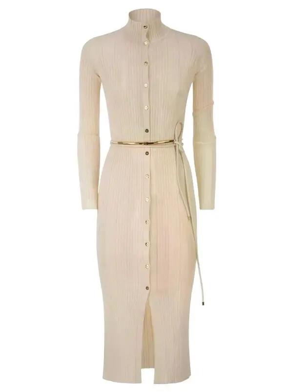 Elisabetta Franchi Button-up Ribbed-knit Dress - Neutrals