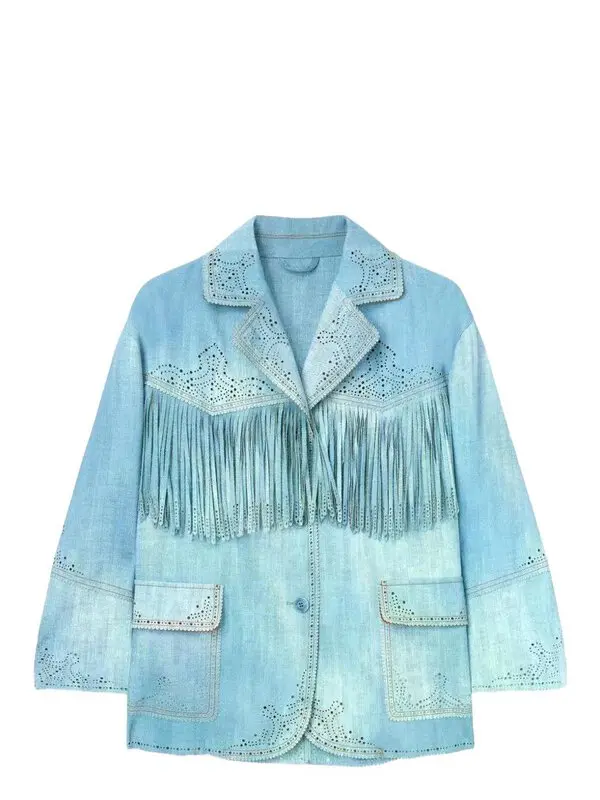 Ermanno Scervino Fringed Laser-cut Denim Jacket - Blue