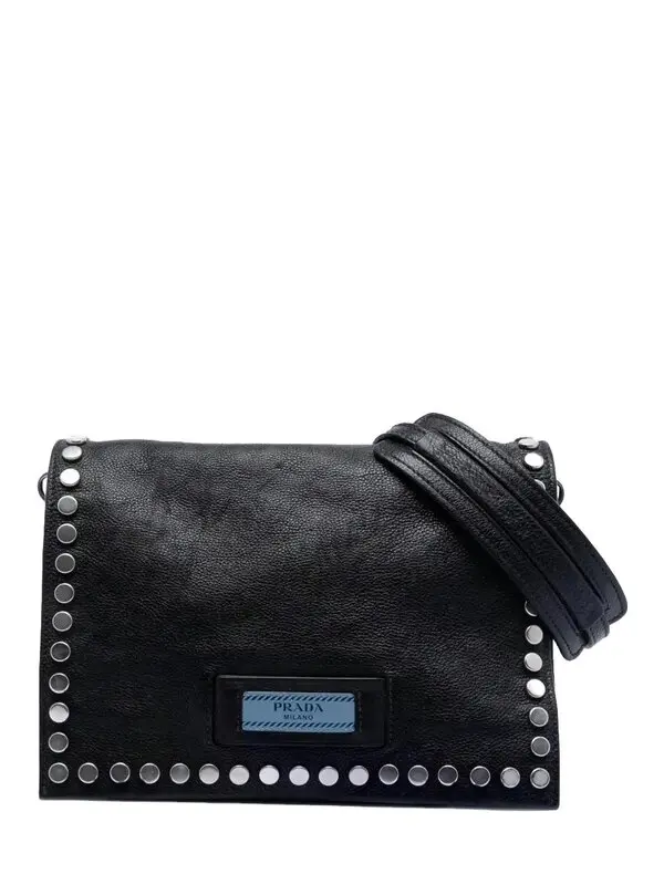 Prada Glace Calfskin Studded Etiquette Flap Crossbody Bag - Black