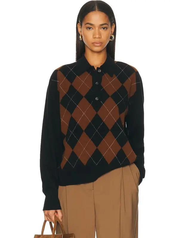 RÓHE Compact Knitted Check Polo Sweater - Black Rust Check