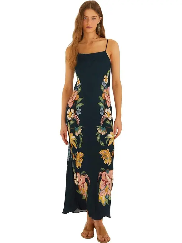 Farm Rio Floral Print Viscose Maxi Dress - Maira Floral Dark Blue
