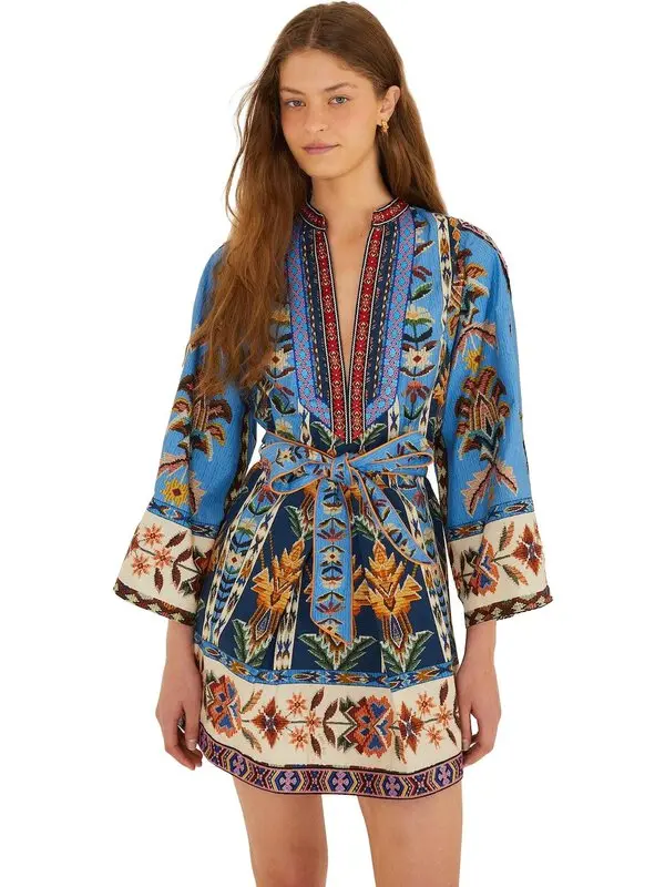 Farm Rio Embroidered Tapestry Organic Cotton Mini Dress - Embroidered Tapestry Blue