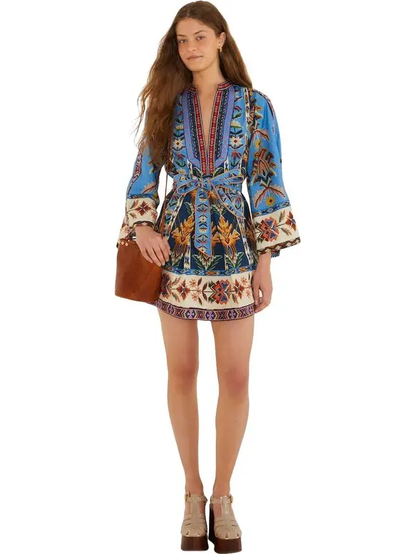 Farm Rio Embroidered Tapestry Organic Cotton Mini Dress - Embroidered Tapestry Blue