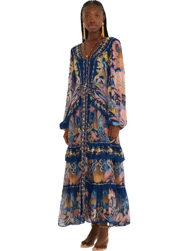 Farm Rio Sea Garden Braid Maxi Dress - Sea Garden Navy Blue