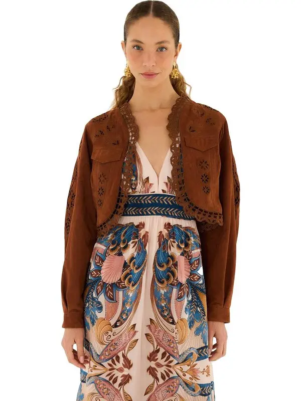 Farm Rio Richelieu Cropped Leather Jacket - Caramel