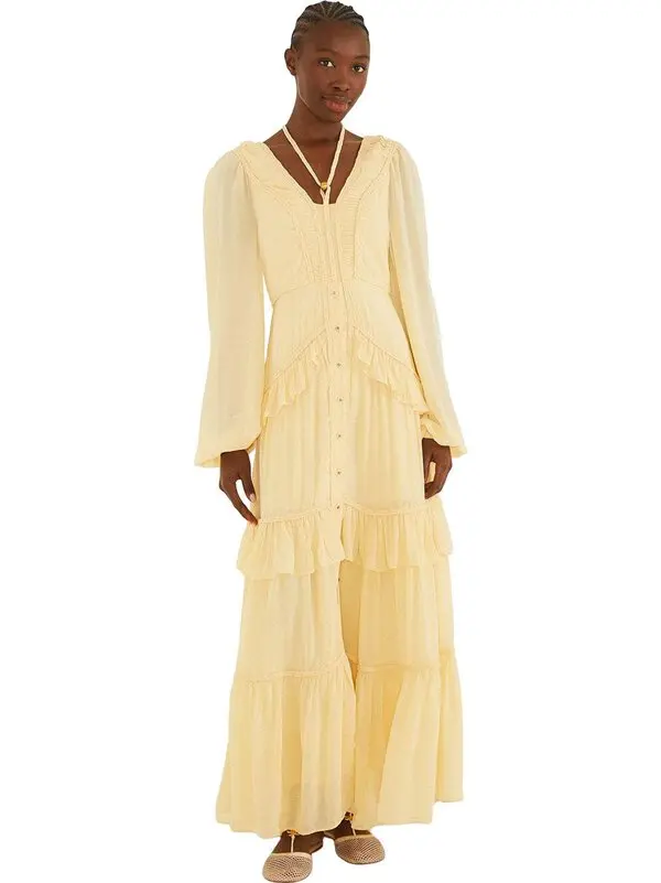 Farm Rio Butter Ruffled Buttoned Maxi Dress - Yellow