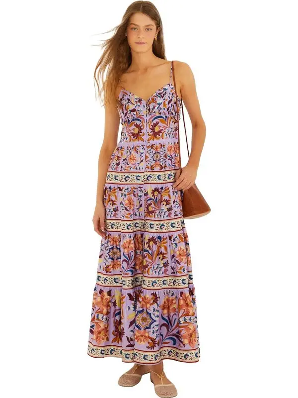 Farm Rio Floral Sleeveless Tiered Maxi Dress - Flower Tiles Lilac