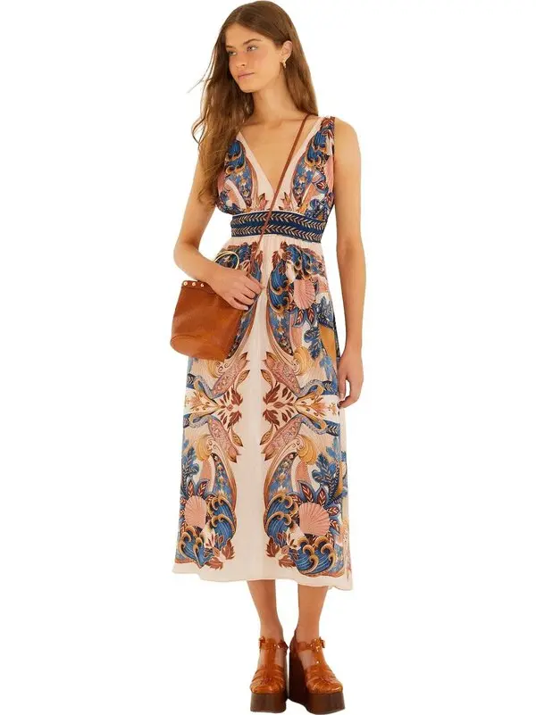 Farm Rio Printed V-neck Midi Dress - Garden Scarf Soft Pink